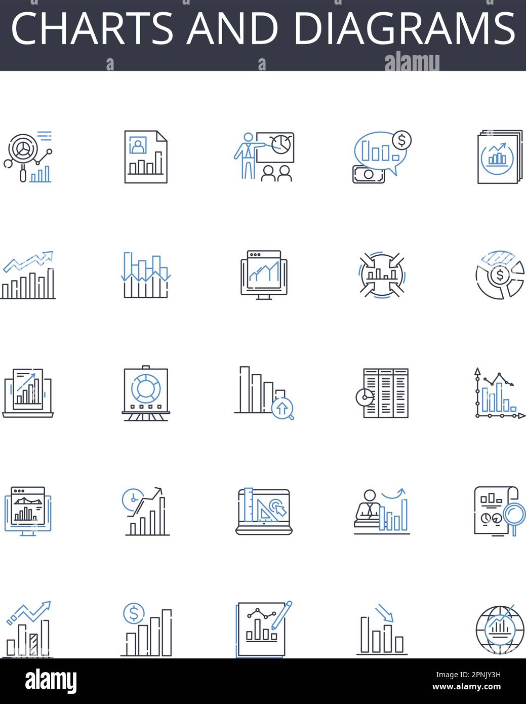 Grafici e diagrammi linea icone raccolta. Numeri cifre, Mappe Blueprint ...