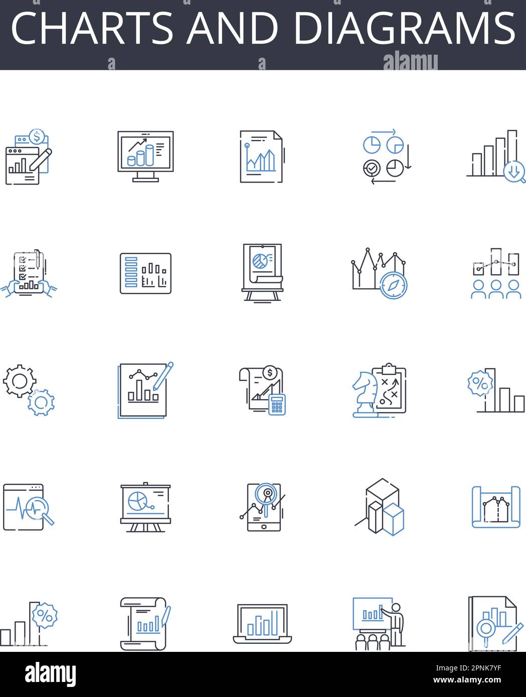 Grafici e diagrammi linea icone raccolta. Numeri cifre, Mappe Blueprint ...