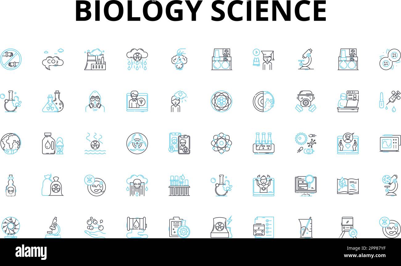 Set di icone lineari per scienze biologiche. Fotosintesi, mitosi, DNA ...