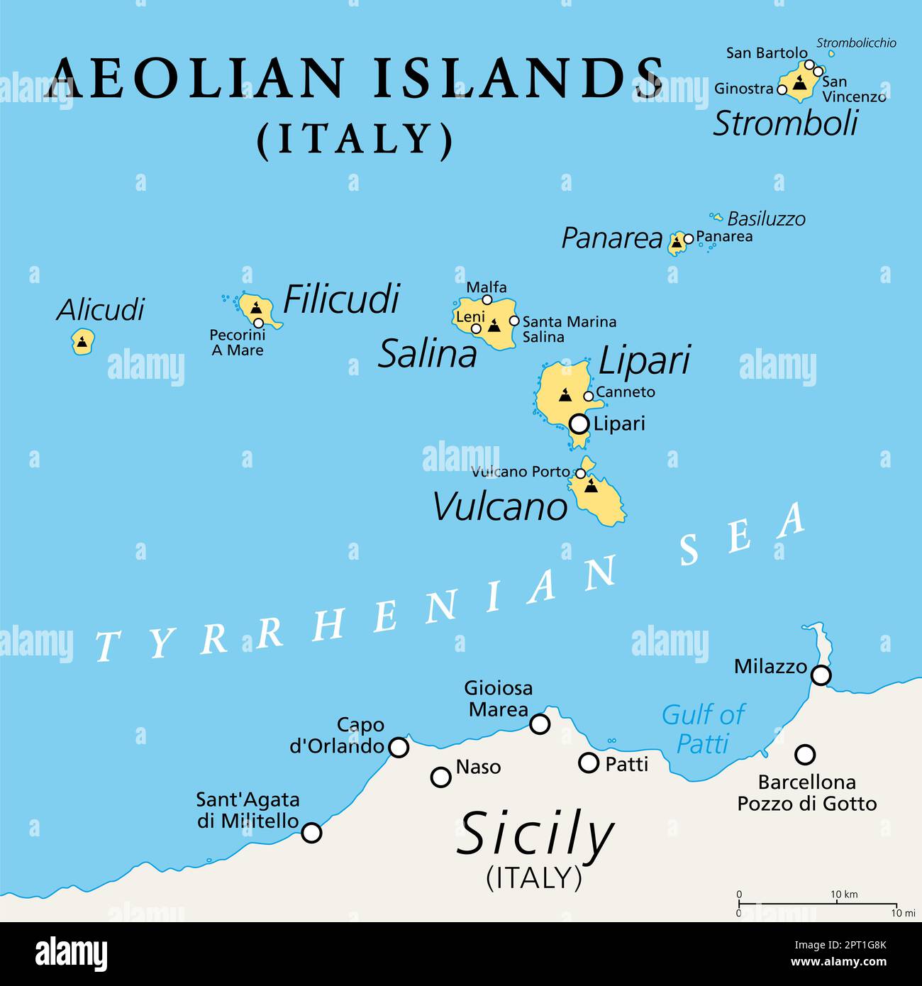 Isole Eolie, Italia, mappa politica. Arcipelago vulcanico nel Tirreno a ...