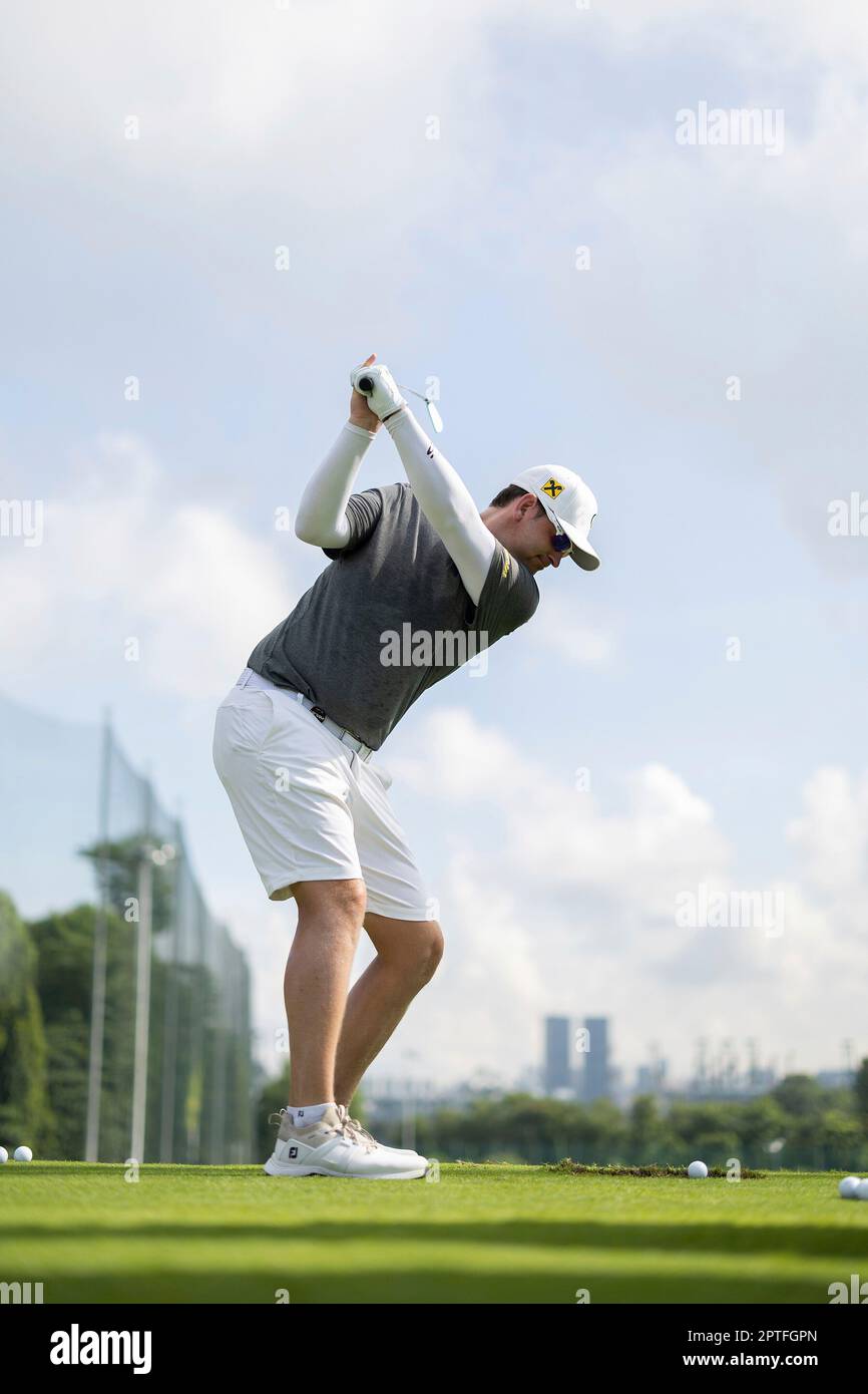Bernd Wiesberger of Cleeks GC hits his shot on the driving range during ...