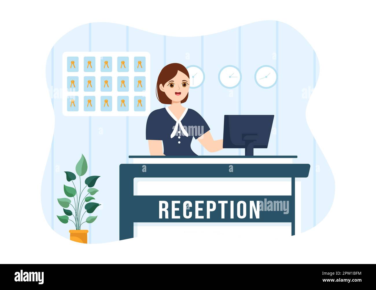 Interni della reception dell'hotel con persone e viaggiatori ...