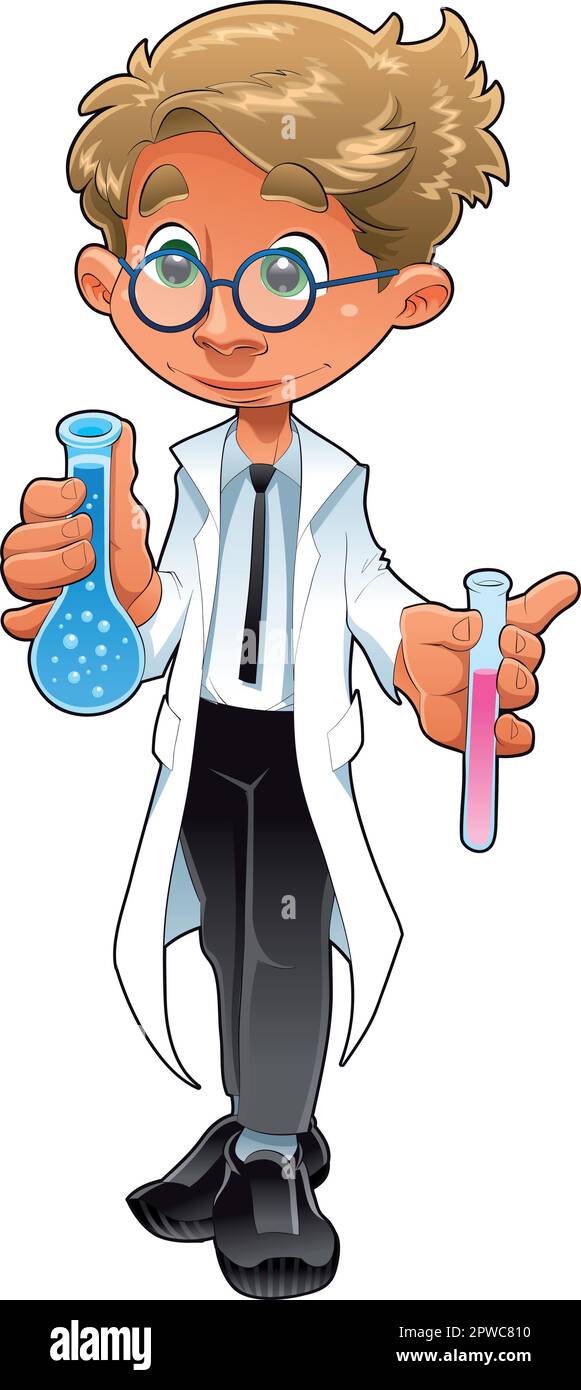 Giovane chimico, divertente cartone animato e personaggio vettoriale ...