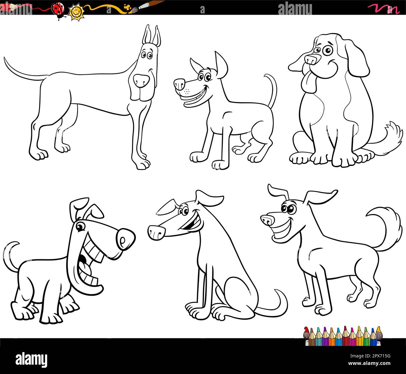 Cartoni animati in bianco e nero illustrazione di divertenti cani ...