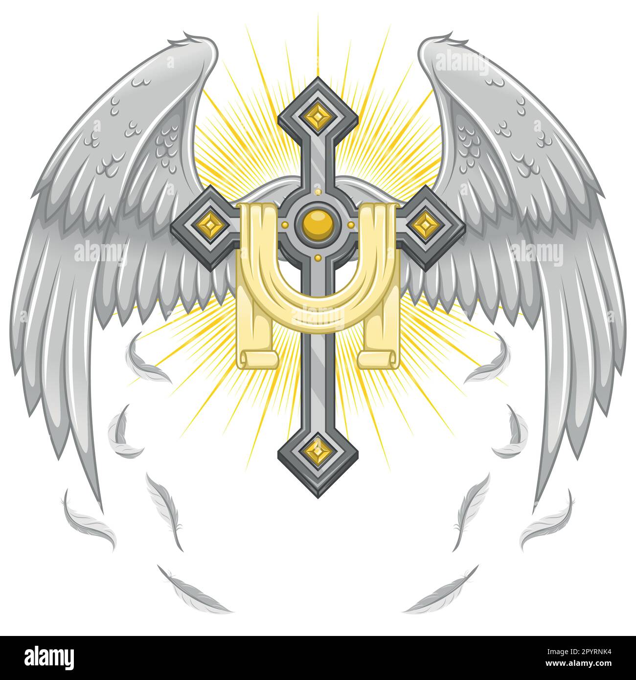 Disegno vettoriale di croce alata con nastro, croce celeste con ali ...