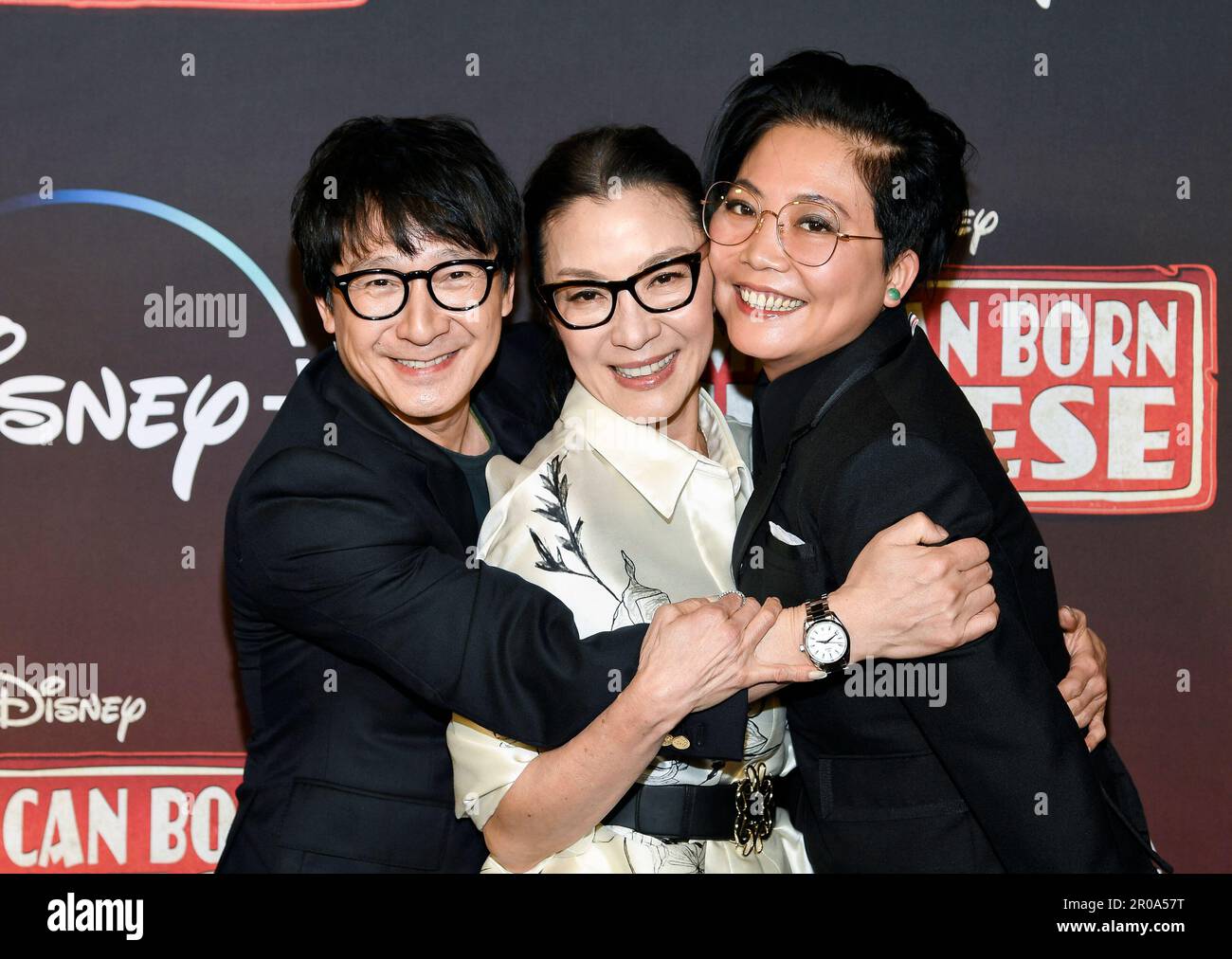 Ke Huy Quan, left, Michelle Yeoh and Echo Quan attend the premiere of ...