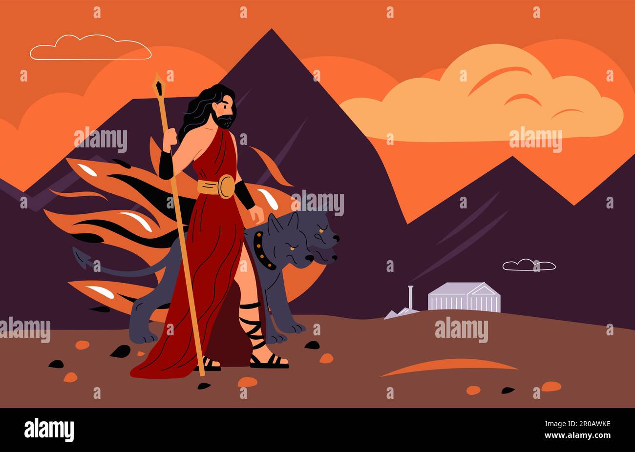 Dio greco supremo. Personaggio di Cartoon Hades. Cerbero cane con testa ...