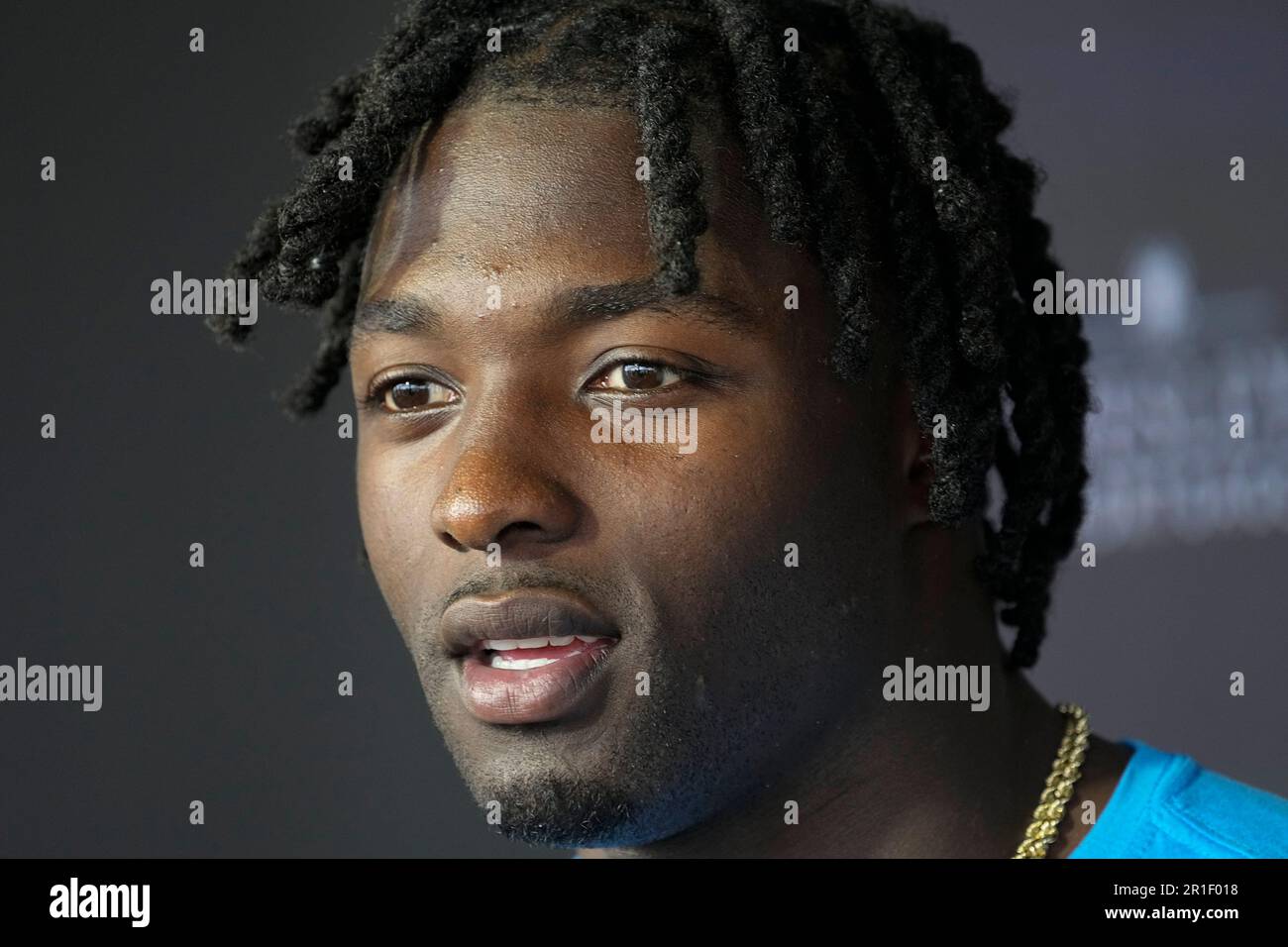 Tennessee Titans running back Tyjae Spears responds to questions from ...