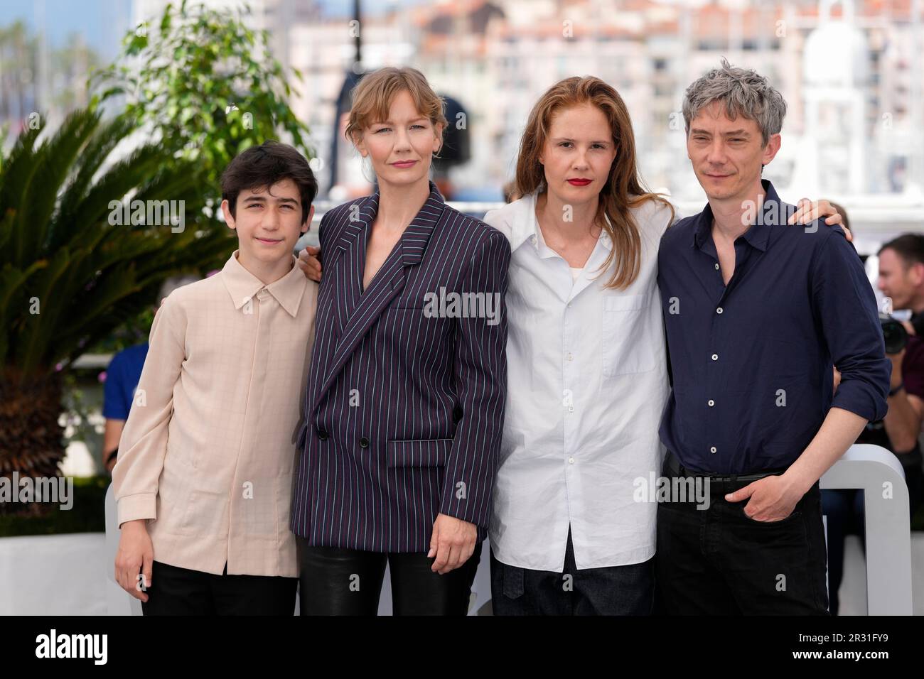 Milo Machado Graner, from left, Sandra Huller, director Justine Triet ...