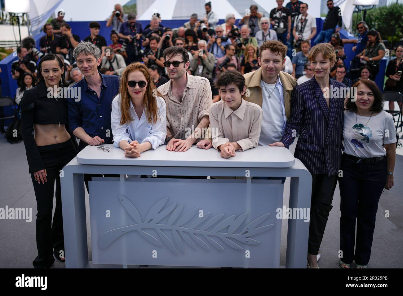 Jehnny Beth, from left, Swann Arlaud, director Justine Triet, writer ...