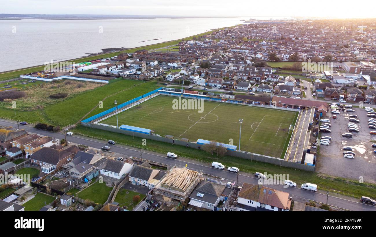 Veduta aerea del Movie Starr Stadium, sede del Canvey Island FC. Lo ...