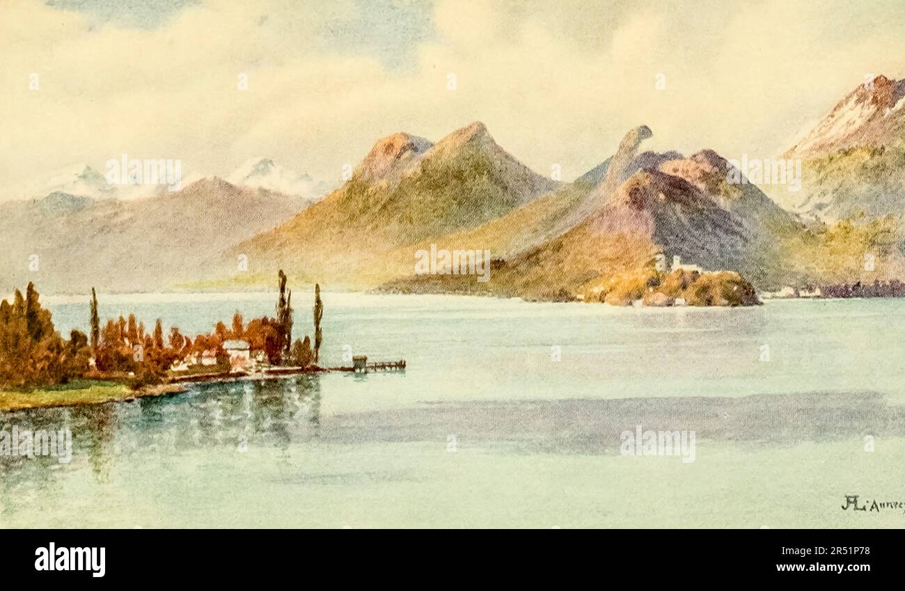 La testa del lago di Annecy, HTE. Dipinto ad acquerello della Savoia di ...