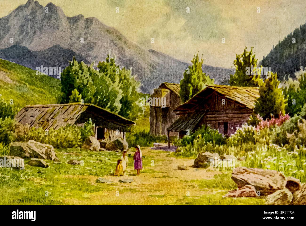 Un Comer del Villaggio di Pahlgam, Lidar Valley dipinta dal maggiore ...