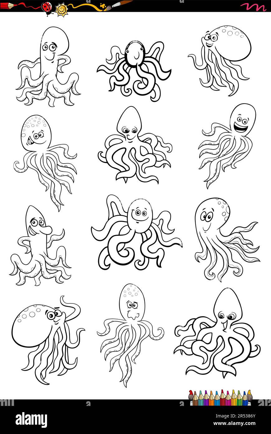 Cartoni animati in bianco e nero illustrazione di personaggi di animali ...