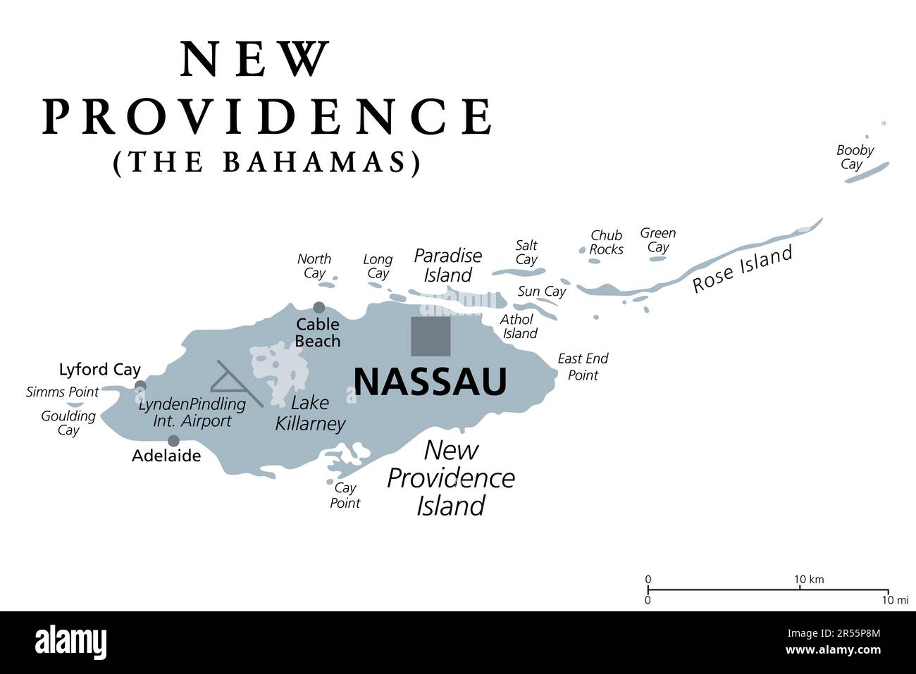New Providence Island, mappa politica grigia, con Nassau, capitale ...