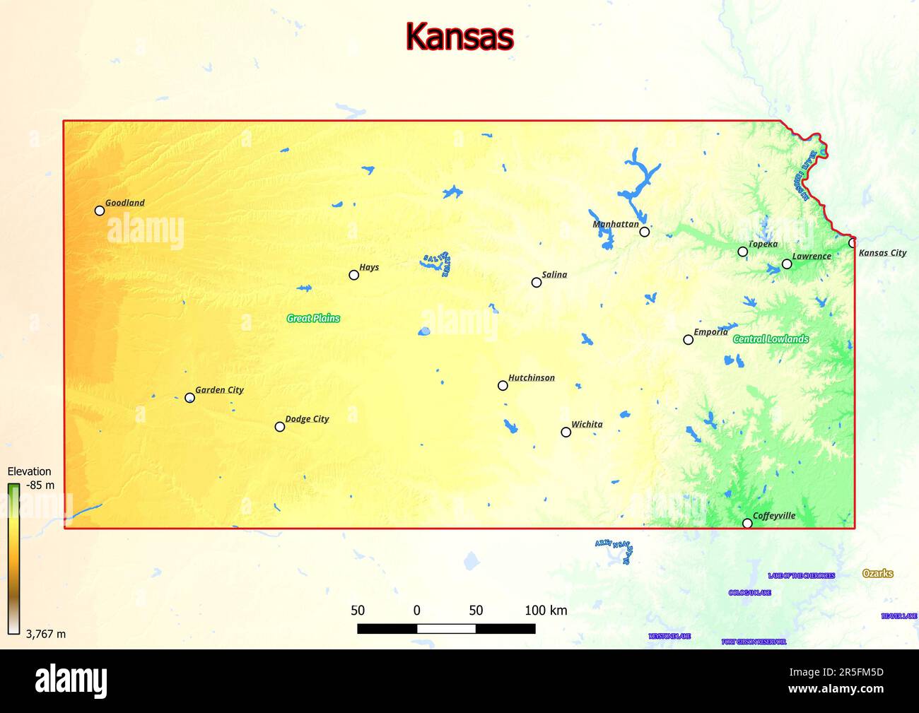 La mappa fisica del Kansas mostra caratteristiche di forma landform ...