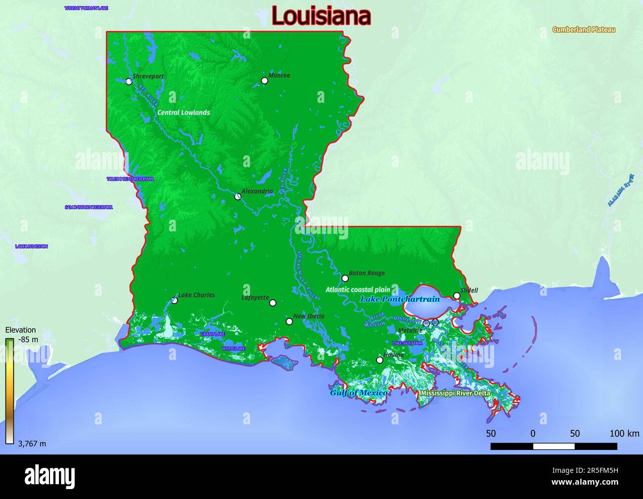 La mappa fisica della Loisiana mostra caratteristiche di forma ...