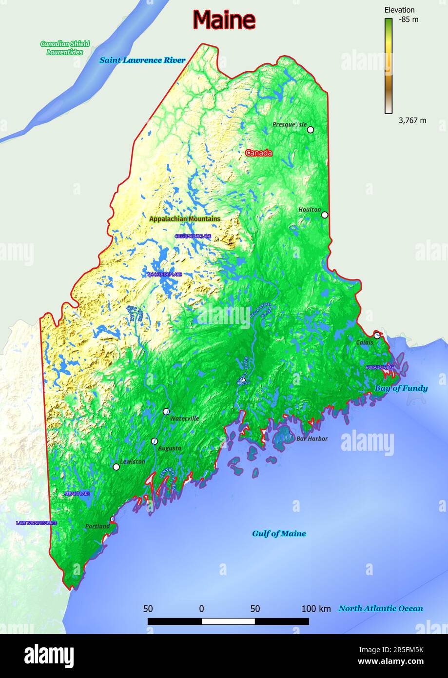 La mappa fisica del Maine mostra caratteristiche di forma landform come ...