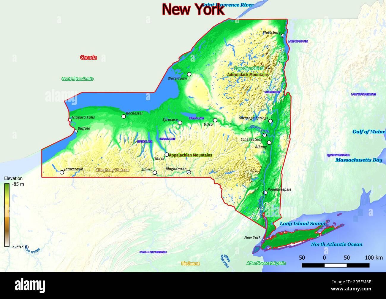 Mappa fisica di New York con montagne, pianure, ponti, fiumi, laghi ...
