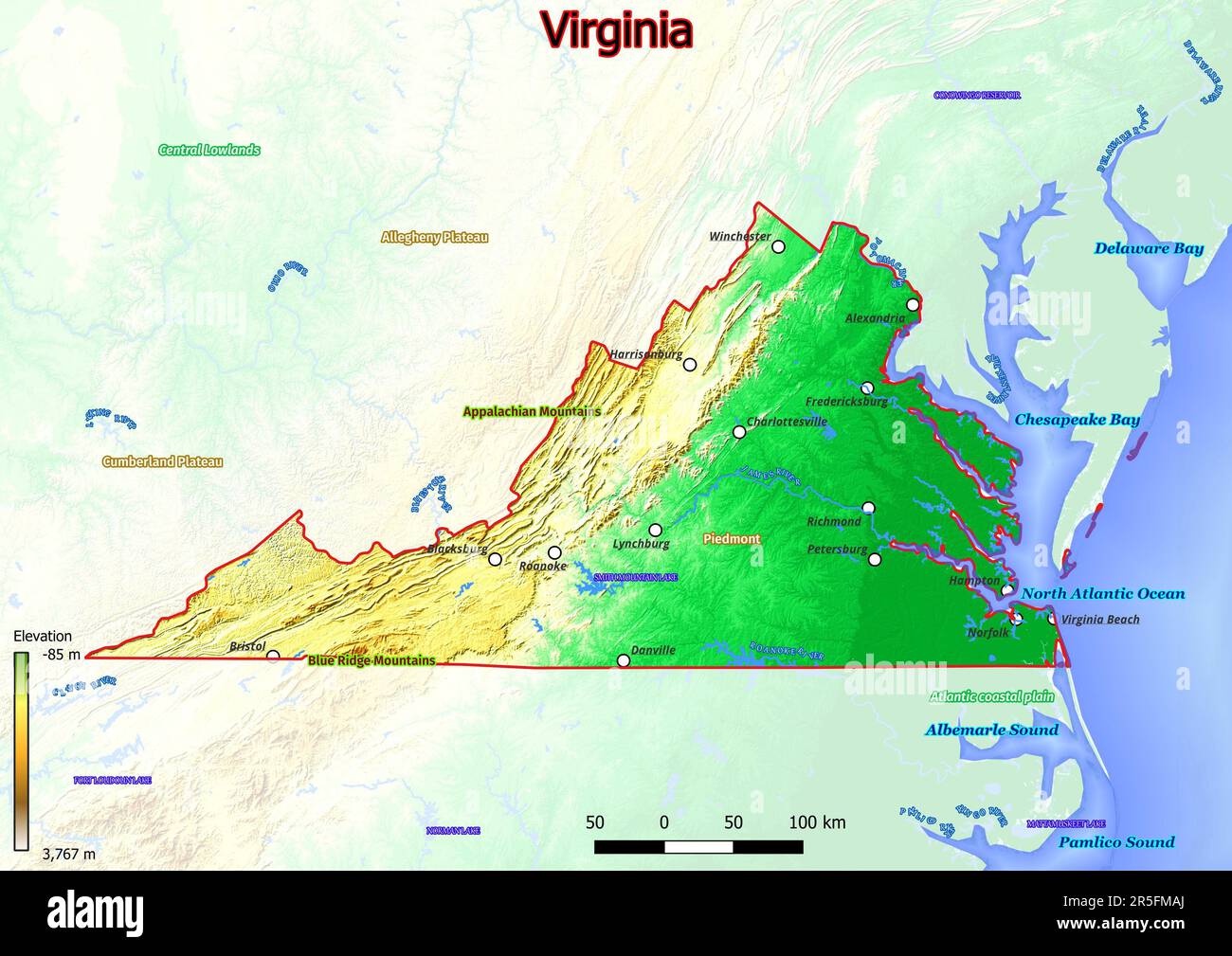 La mappa fisica della Virginia mostra caratteristiche di forma landform ...