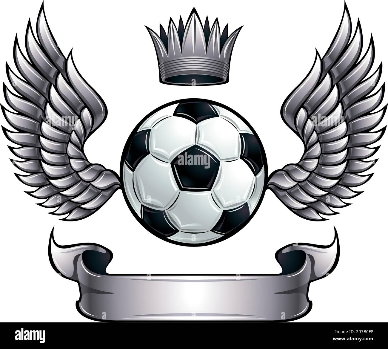 Emblema della palla da calcio alata con corona e nastro. Colore ...