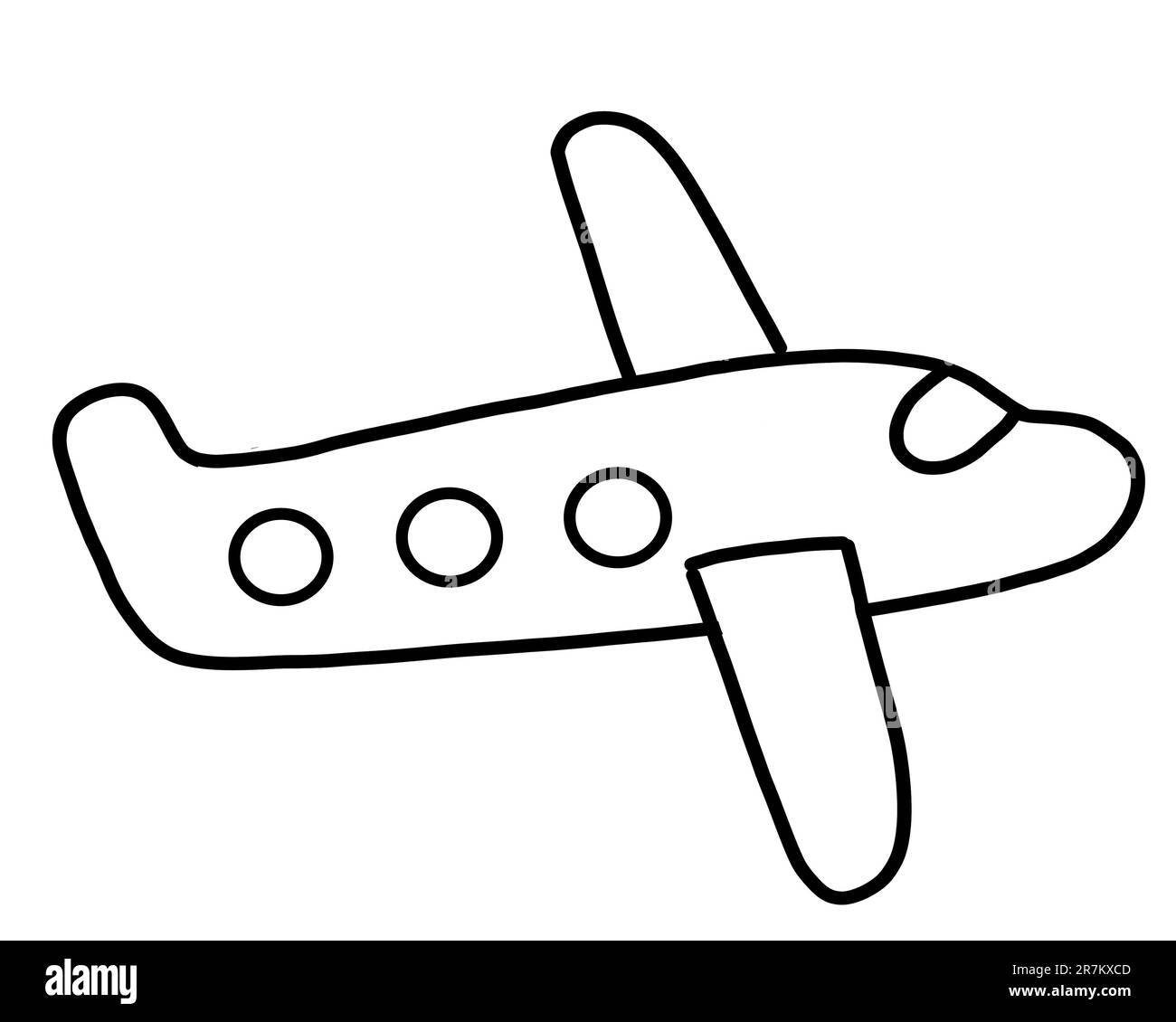 Illustrazione in bianco e nero disegno di un aereo che vola, isolato su ...