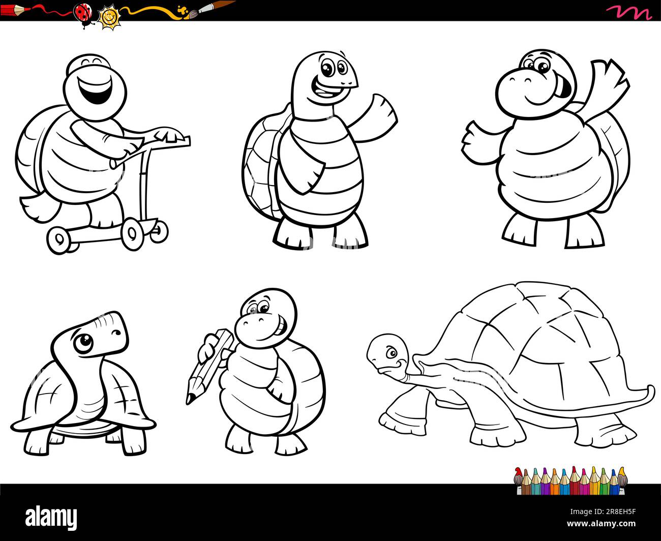 Cartoni animati in bianco e nero illustrazione di tartarughe divertenti ...