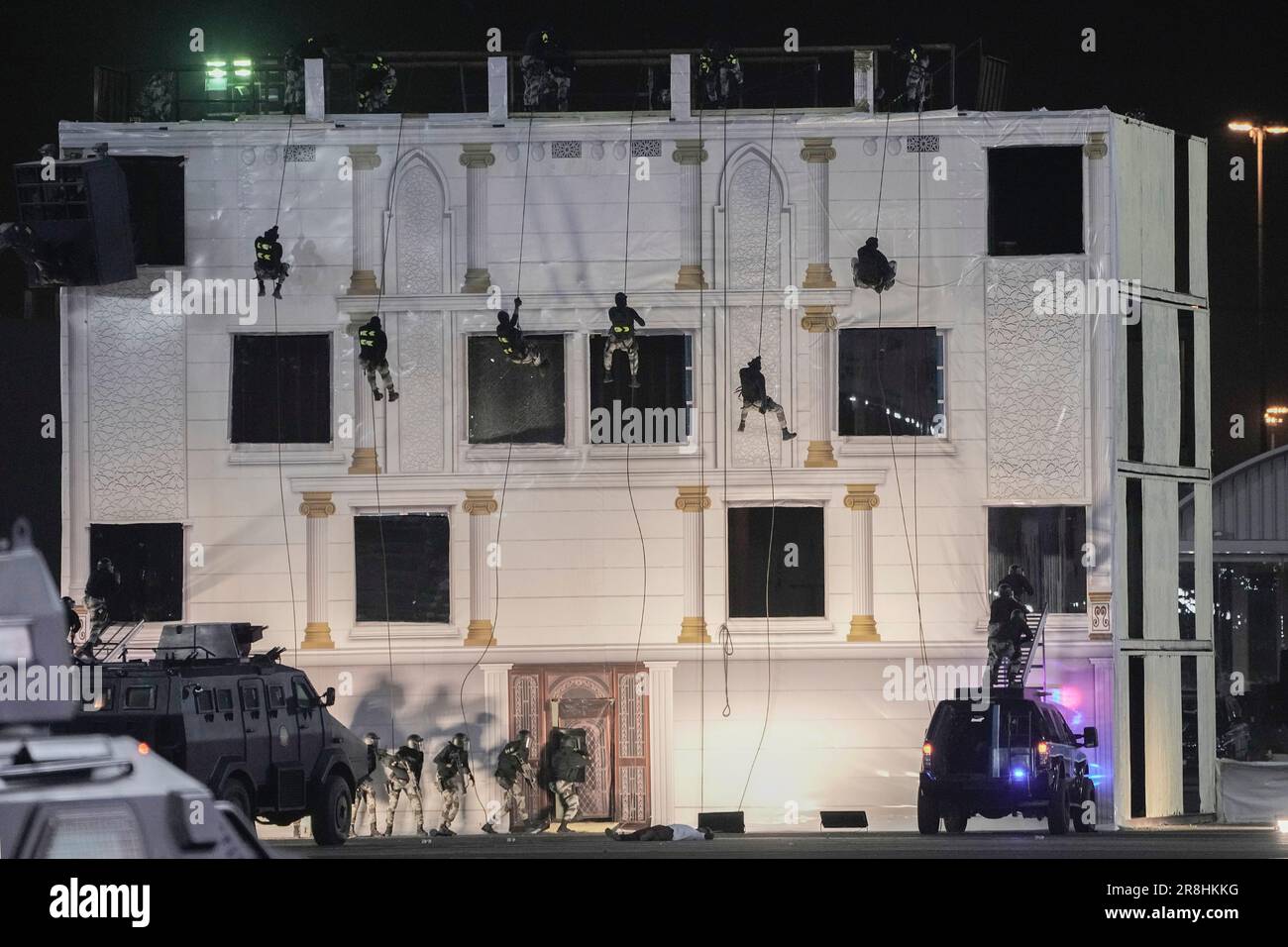Members of the Saudi special forces for Hajj and Umrah (SFHU), perform ...