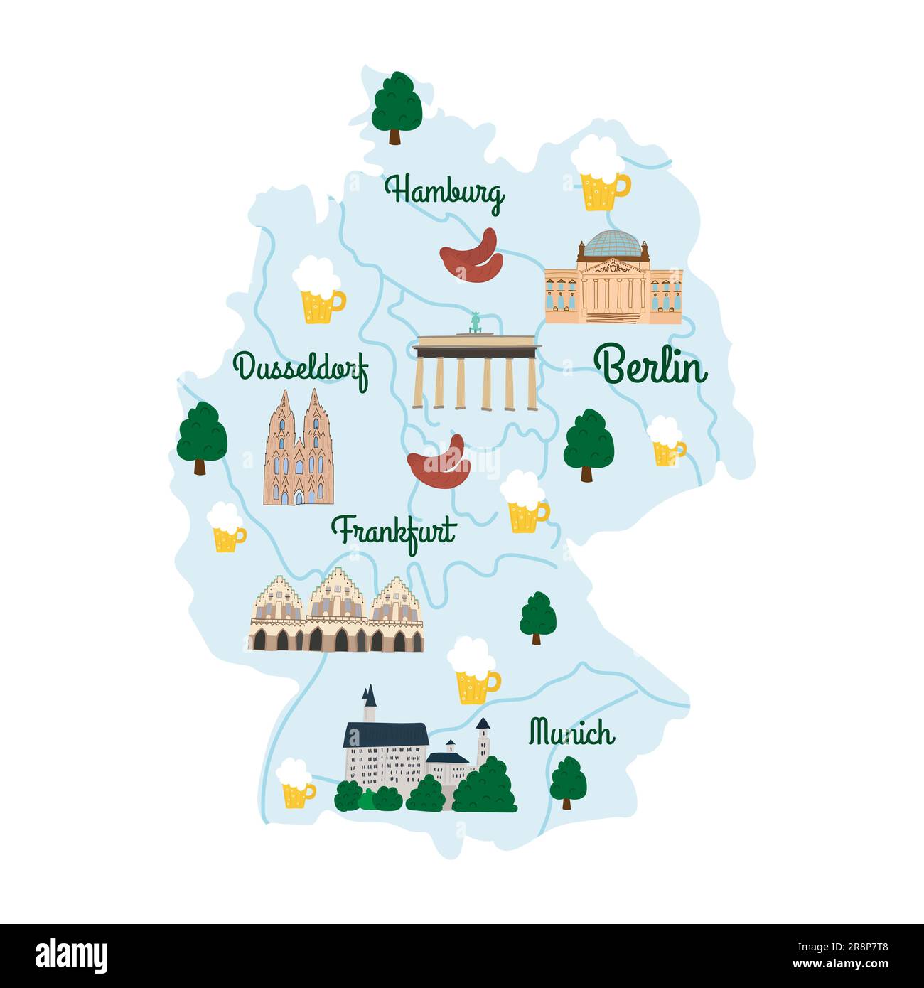 Mappa illustrata disegnata a mano della Germania con fiumi e città ...