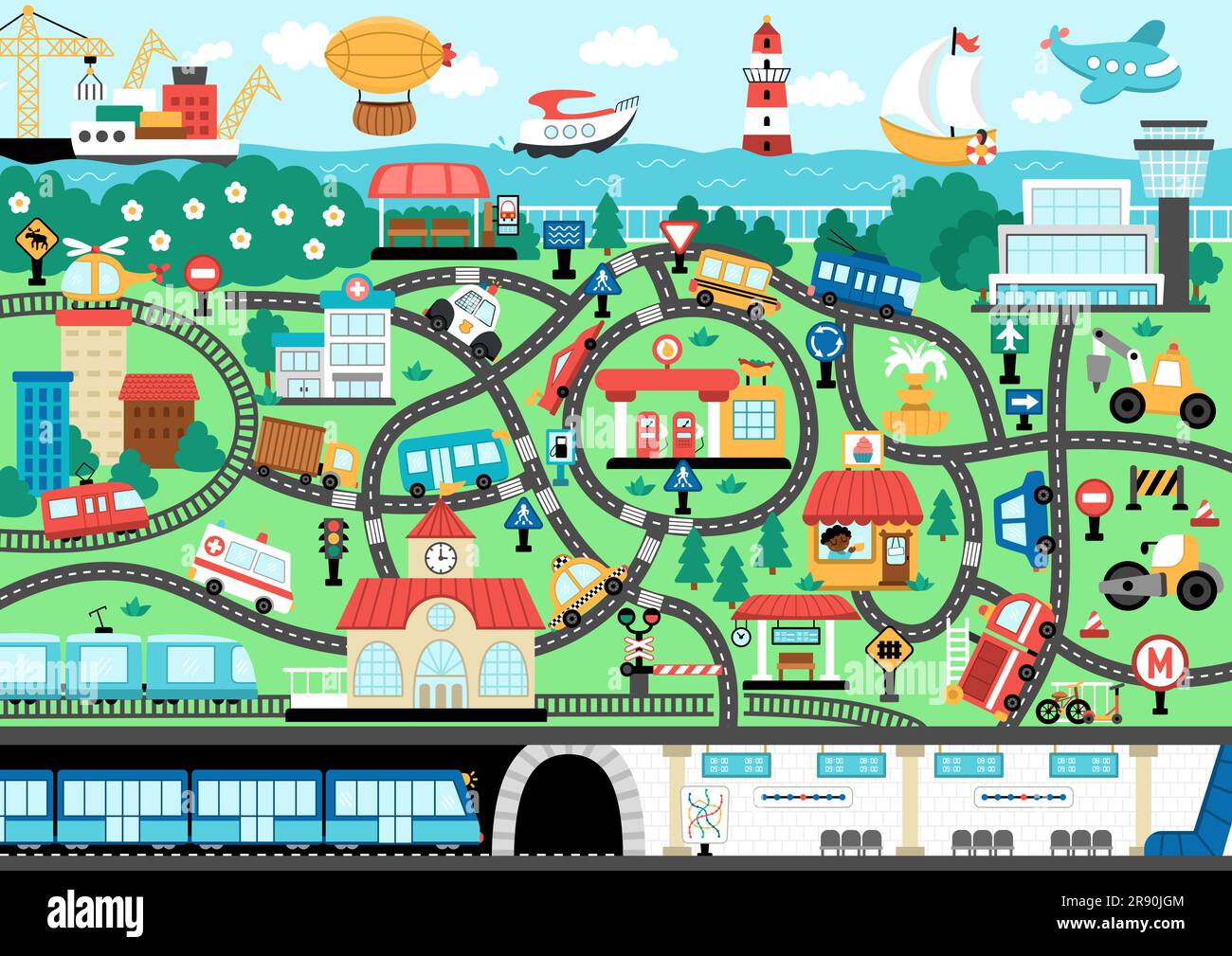 Mappa dei trasporti in città. Background con il trasporto terrestre ...