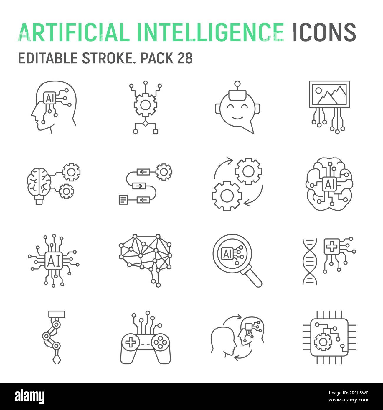 Set di icone della linea di intelligenza artificiale, raccolta di ...