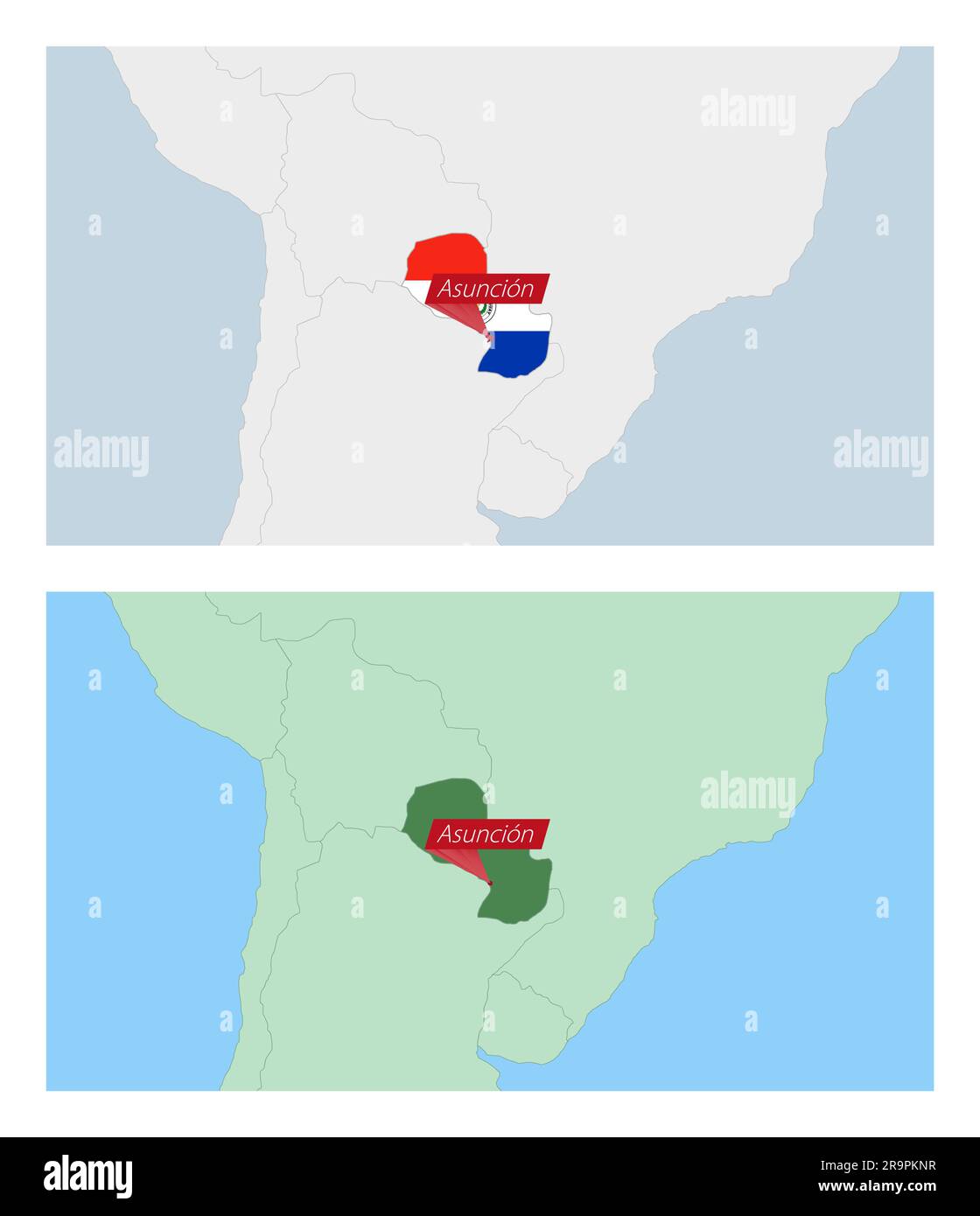 Mappa del Paraguay con spillo della capitale del paese. Due tipi di ...