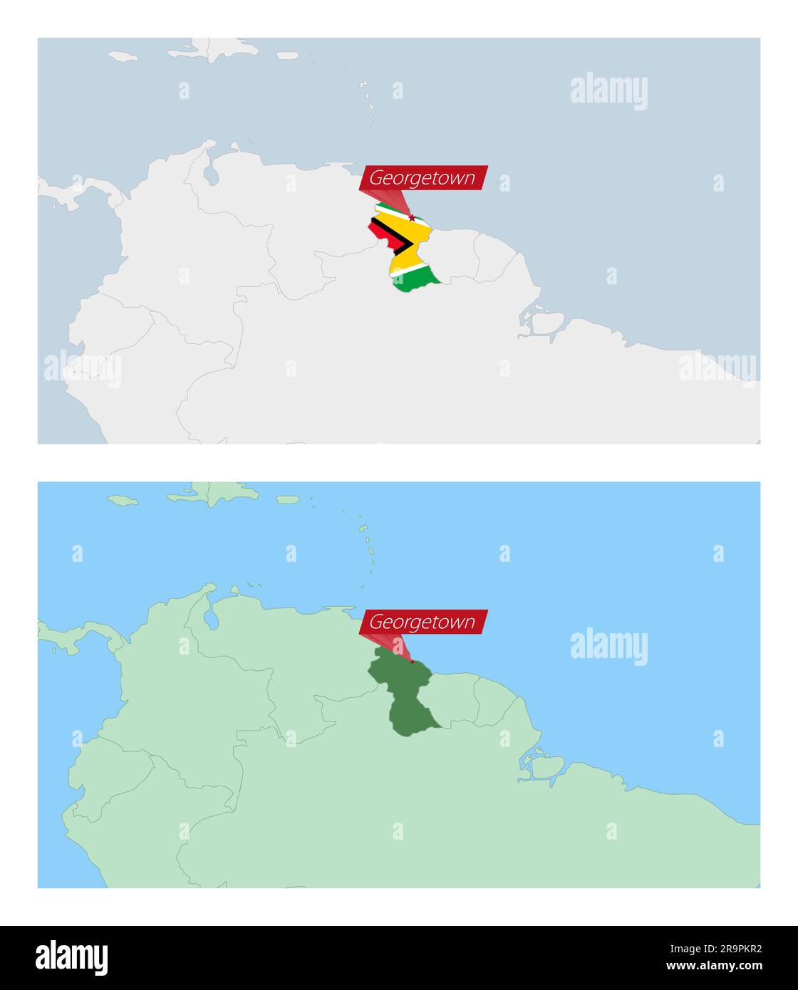 Mappa della Guyana con spillo della capitale del paese. Due tipi di ...