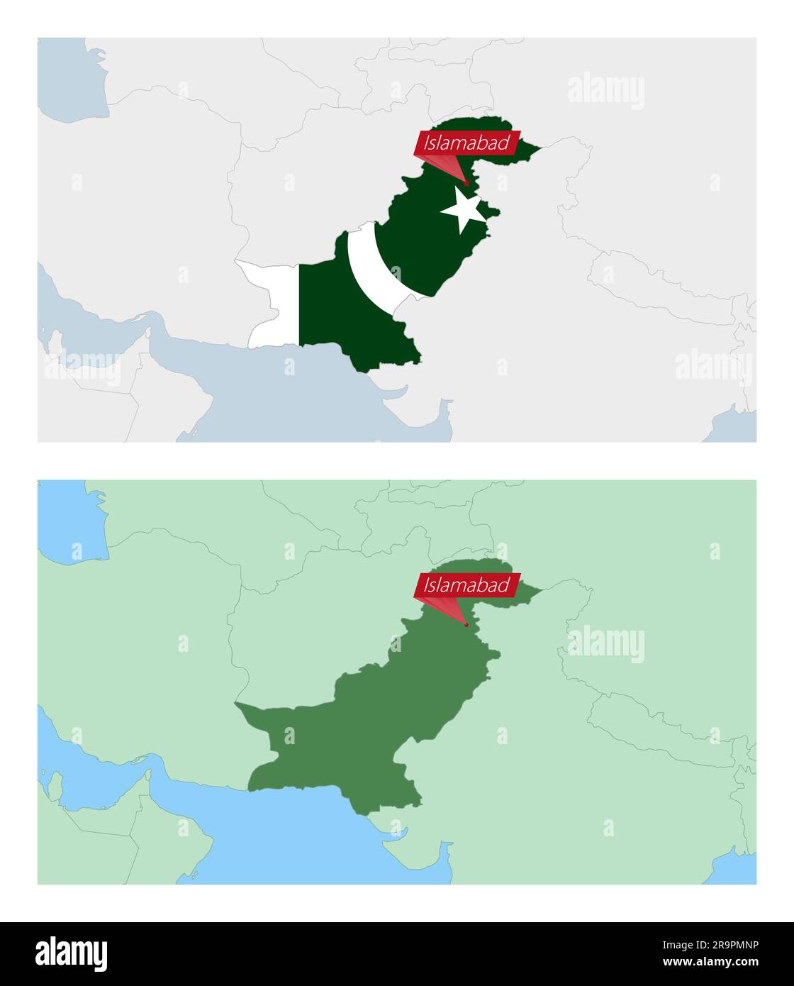 Mappa del Pakistan con pin della capitale del paese. Due tipi di mappa ...