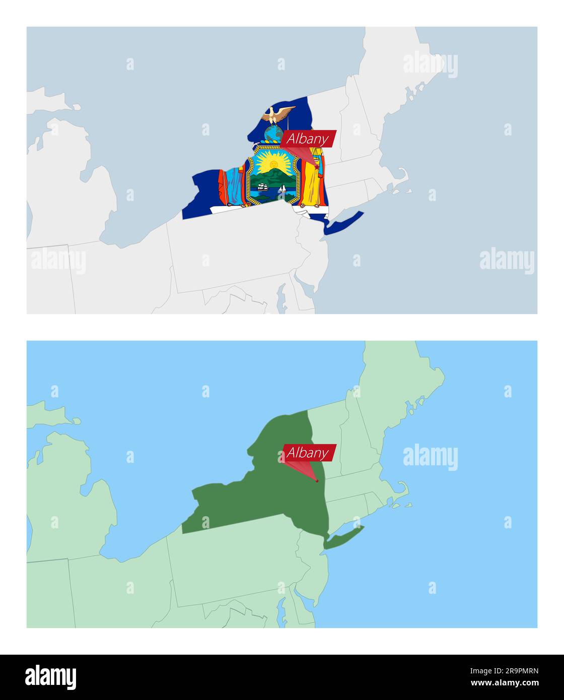 Mappa di New York con spillo della capitale del paese. Due tipi di ...
