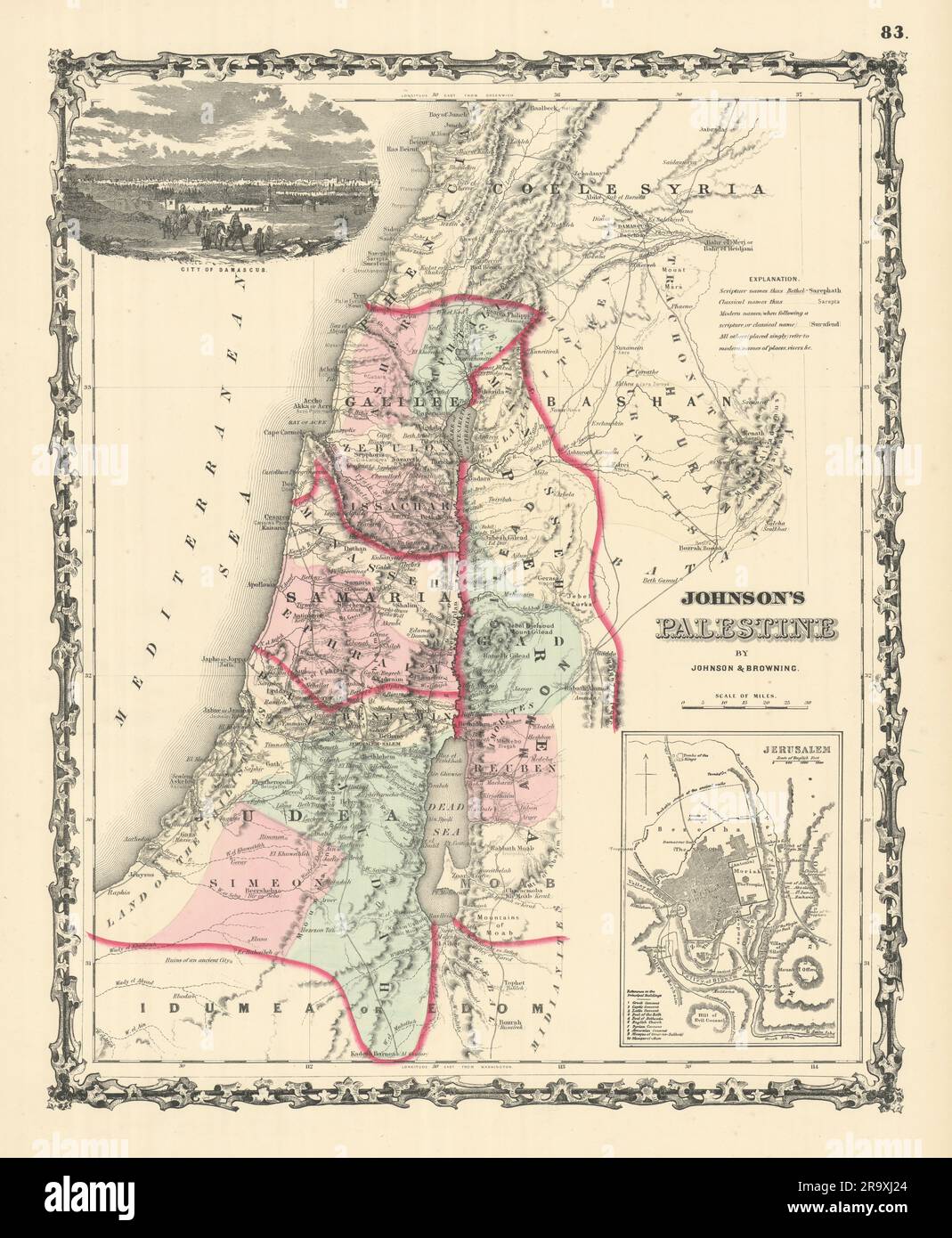 La Palestina di Johnson. Gerusalemme Damasco. 12 tribù d'Israele. Mappa ...