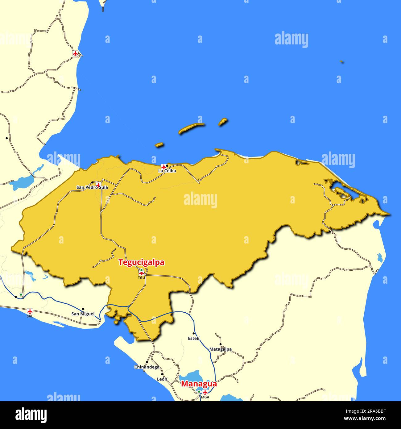 Mapa de honduras y sus carreteras immagini e fotografie stock ad alta ...