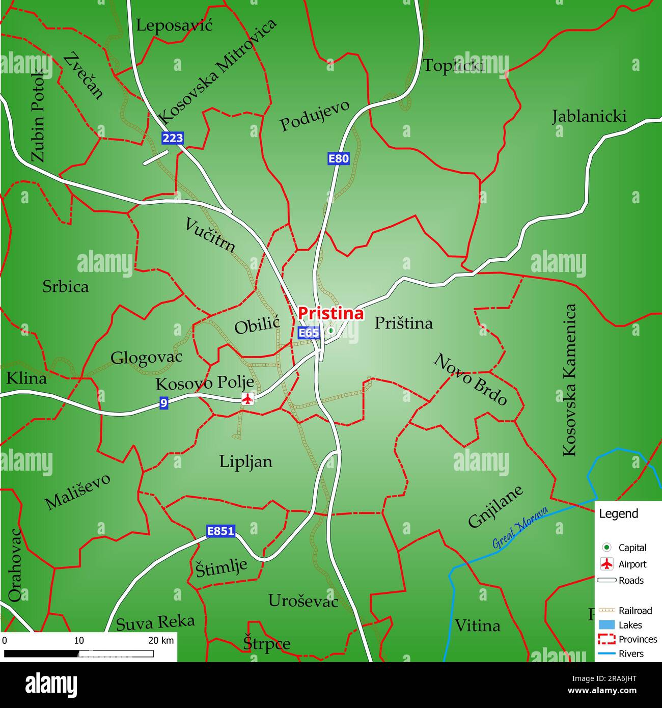 Mappa della capitale Pristina con le principali strade, fiumi, laghi ...