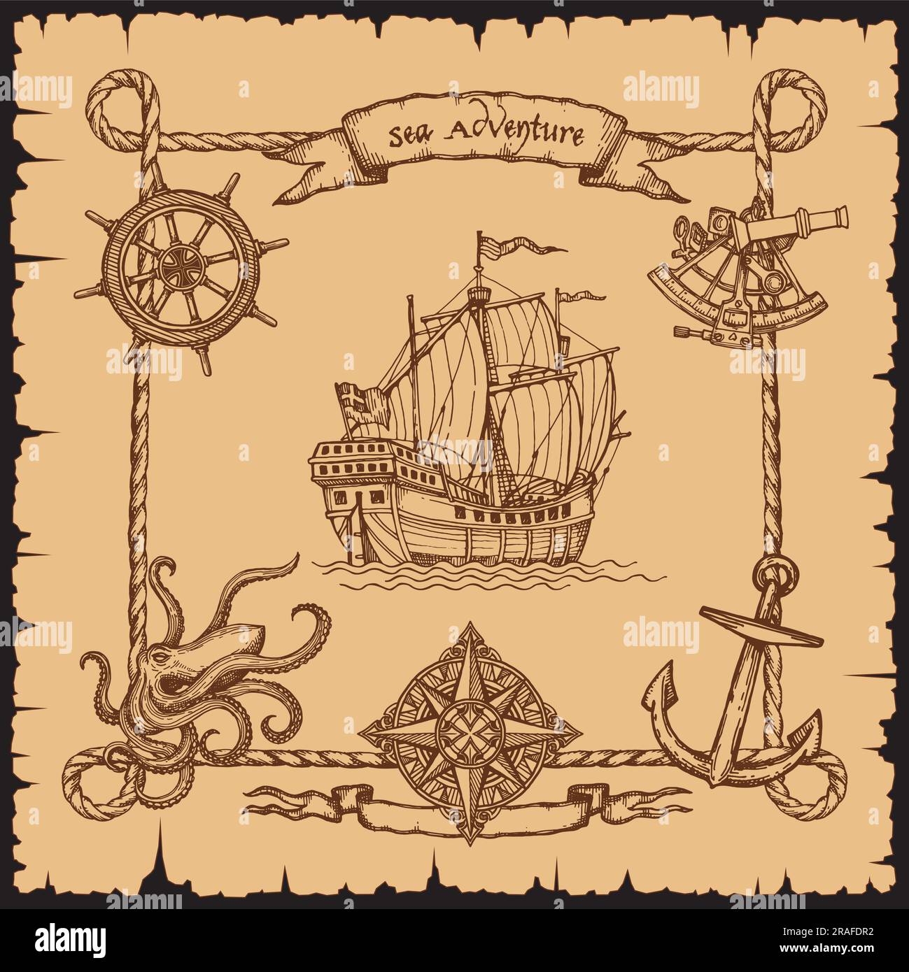 Nave pirata d'epoca con bordo con telaio in corda, schizzi di ancora ...