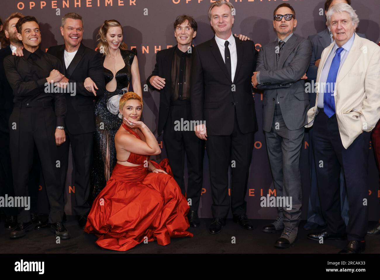 Rami Malek, from left, Matt Damon, Emily Blunt, Florence Pugh, Cillian Murphy, director ...