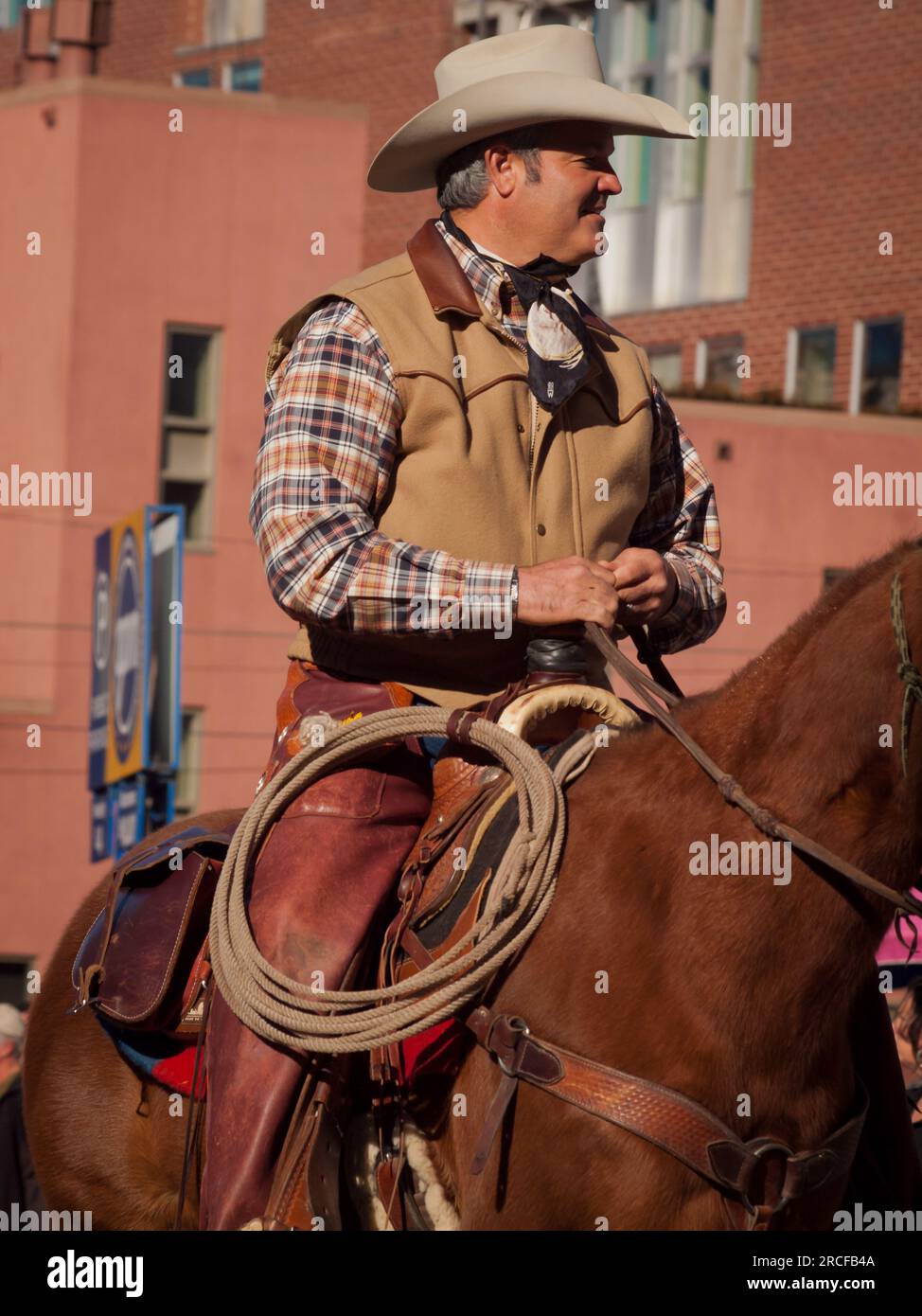 Cowboy della città con il suo cavallo bianco immagini e fotografie ...