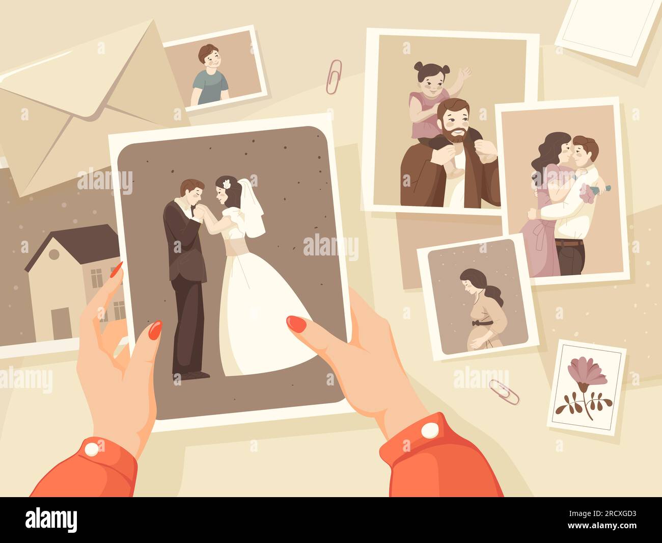 Mani che reggono vecchie fotografie. Donna che guarda ricordi foto ...