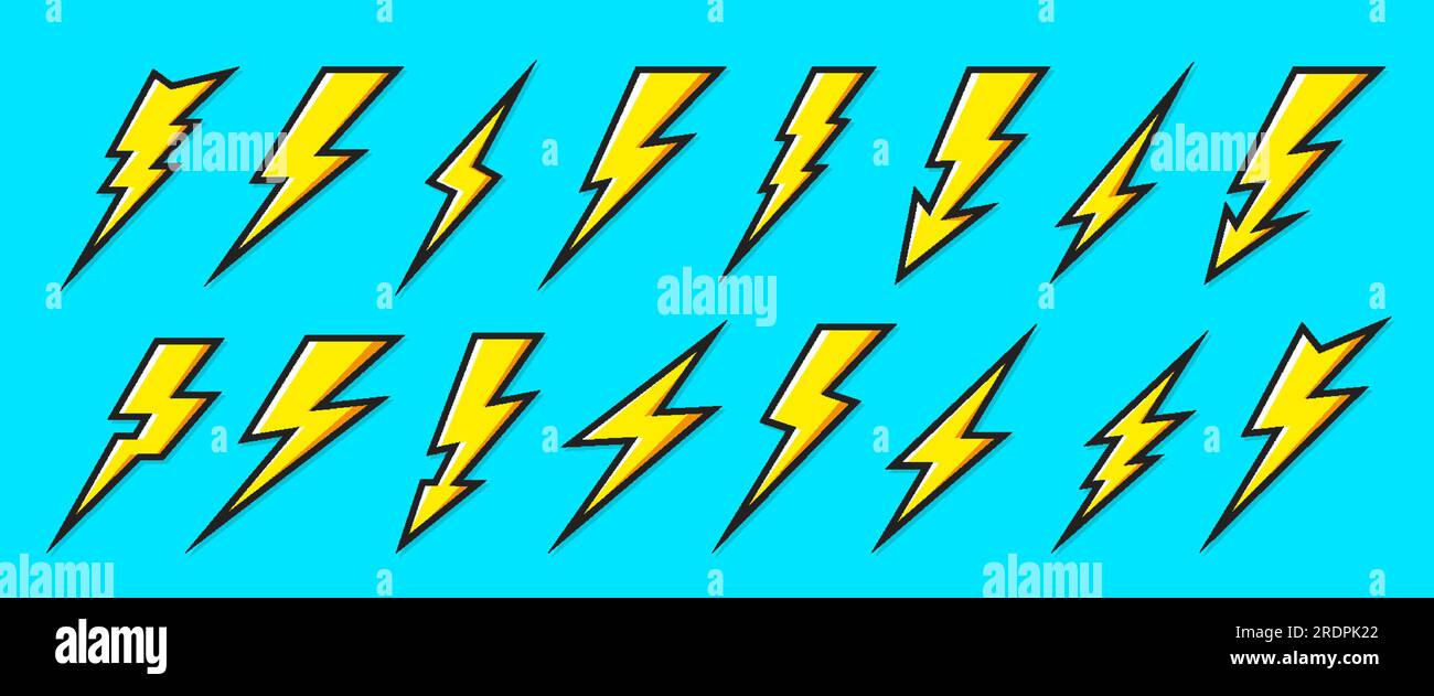 Simbolo fumetto giallo fulmine elettrico su sfondo blu. Meteo clima ...