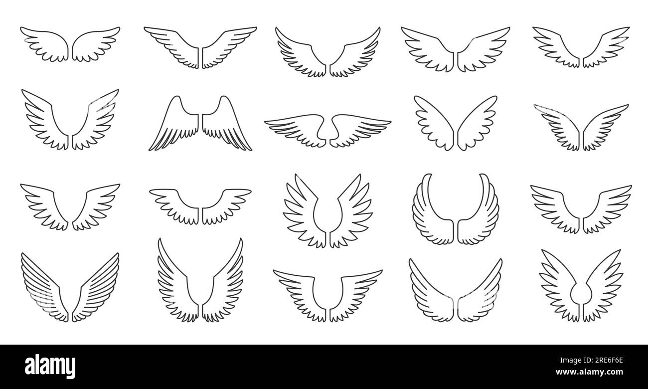 Set di icone con linea nera ali. Ali di uccello d'angelo con un lungo ...