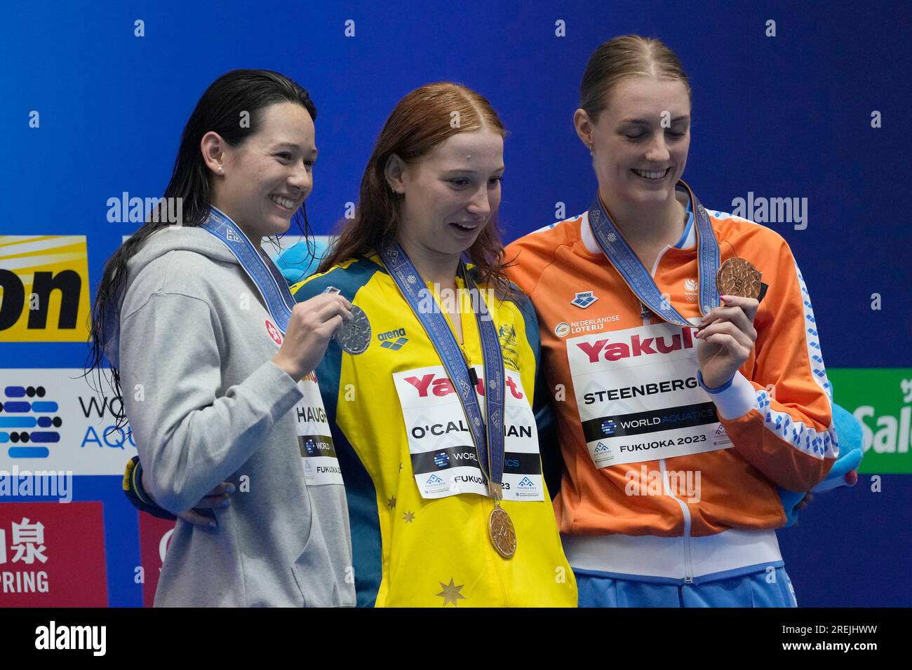 Medalists, from left to right, Siobhan Haughey of Hong Kong, silver, Mollie O'Callaghan of ...
