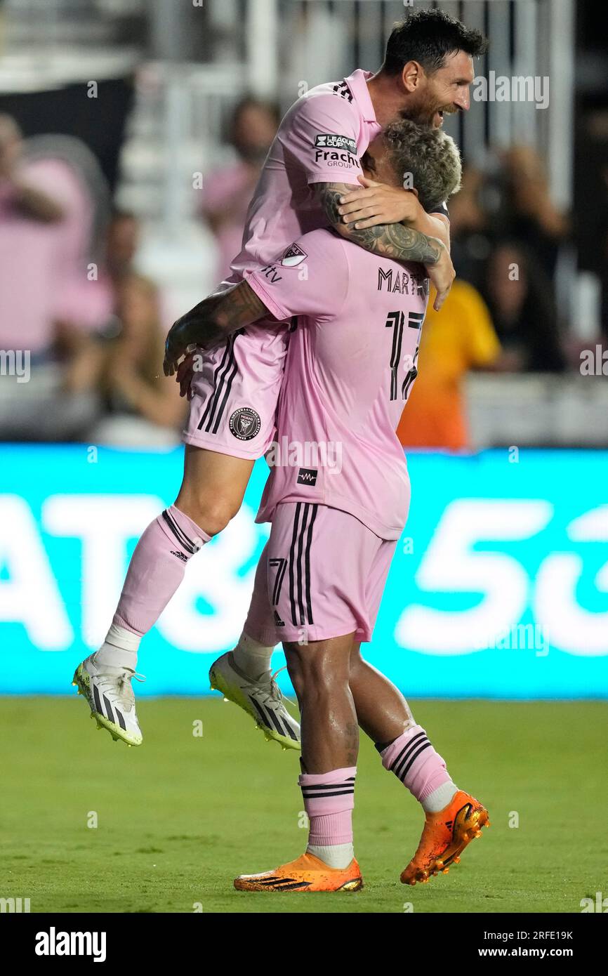 Inter Miami forward Lionel Messi (10) is lifted by teammate Josef ...