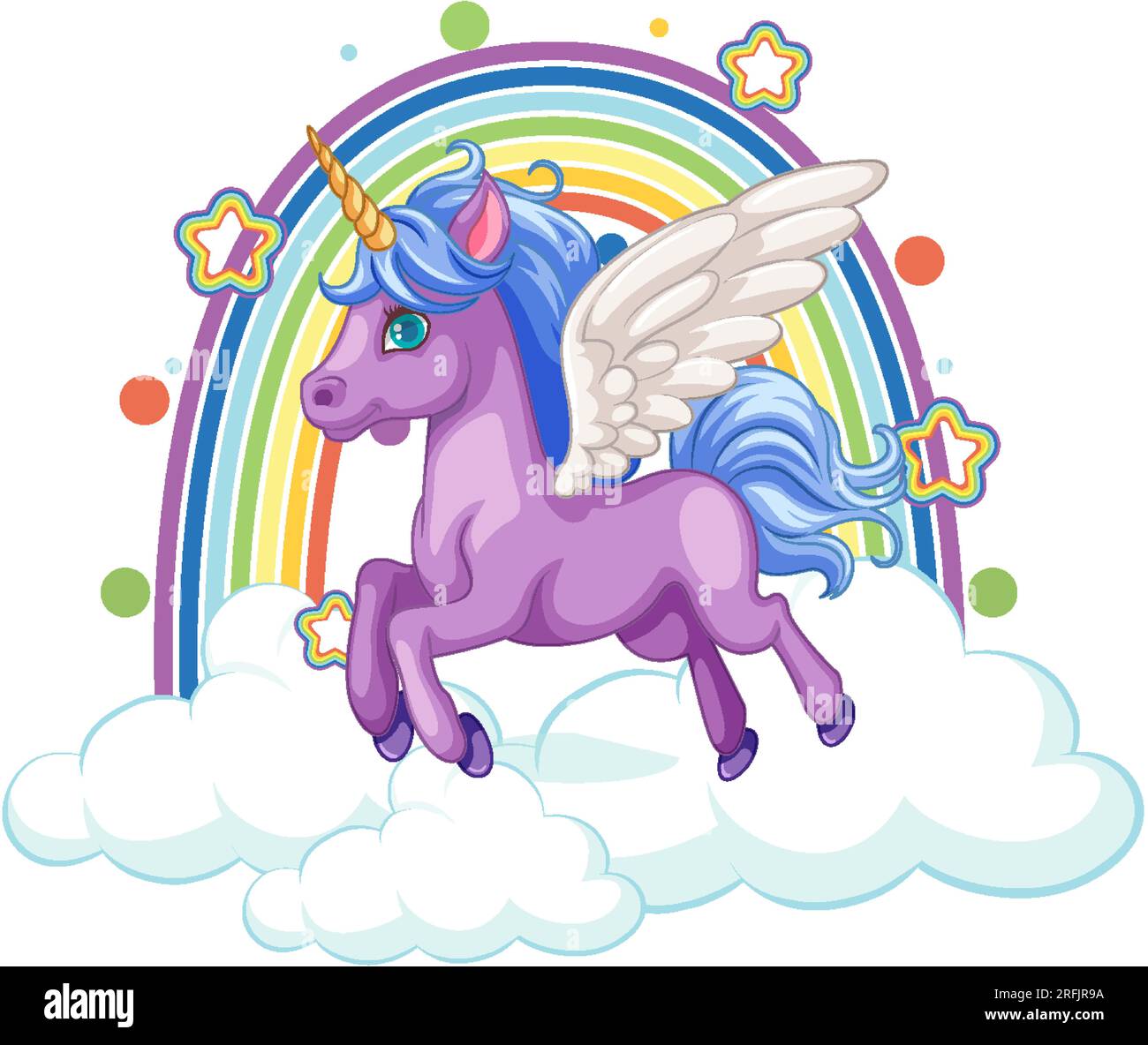 Un unicorno a cartoni animati con ali che volano in un cielo blu con ...
