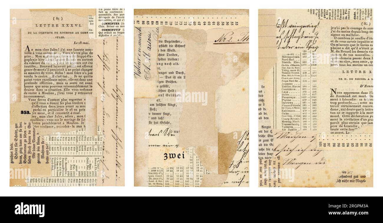 Sfondi per collage di carta in documenti antichi con pagine di libri e scritture a mano, colori ...