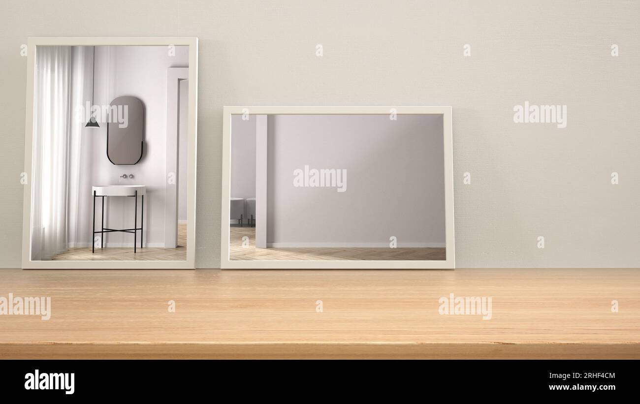 Specchi minimalisti su tavolo, scrivania o scaffale in legno che ...