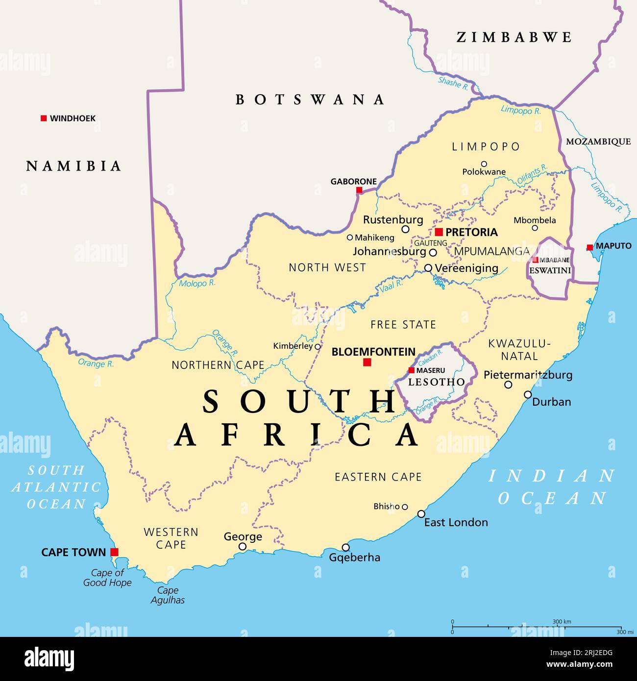 Sudafrica, mappa politica con province, città più grandi, confini ...
